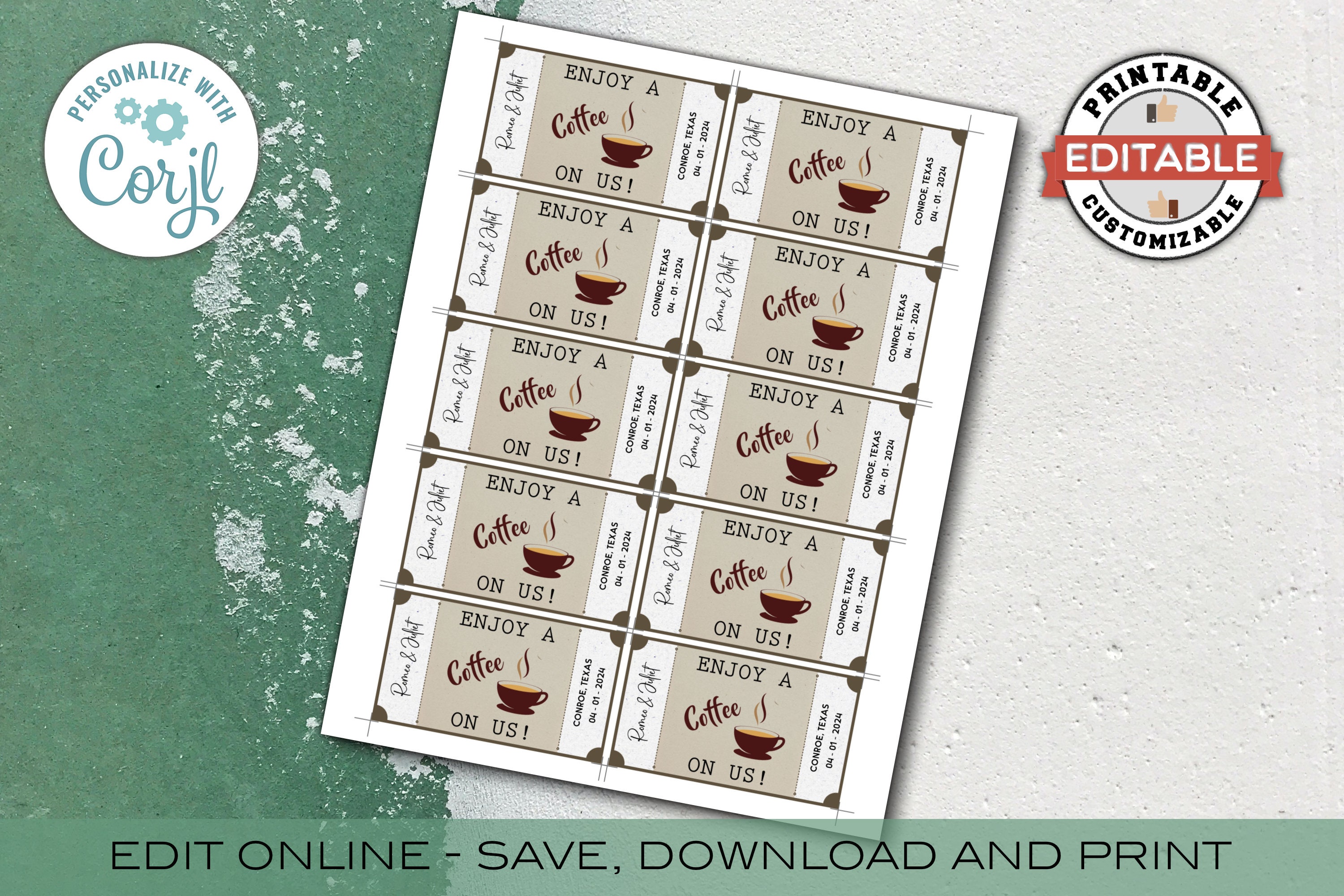 CUSTOMIZABLE COFFEE Ticket Voucher, Printable, Event Ticket, Editable ...