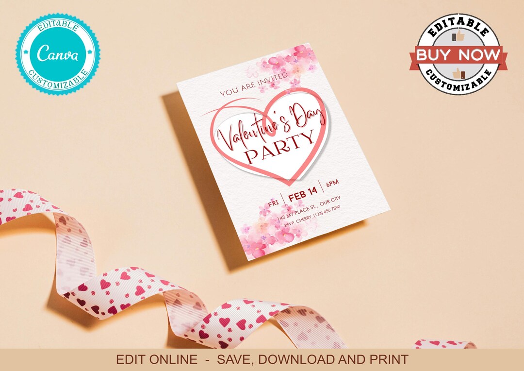 Valentine's Day Pink Heart Invite, Valentines Party, Editable ...