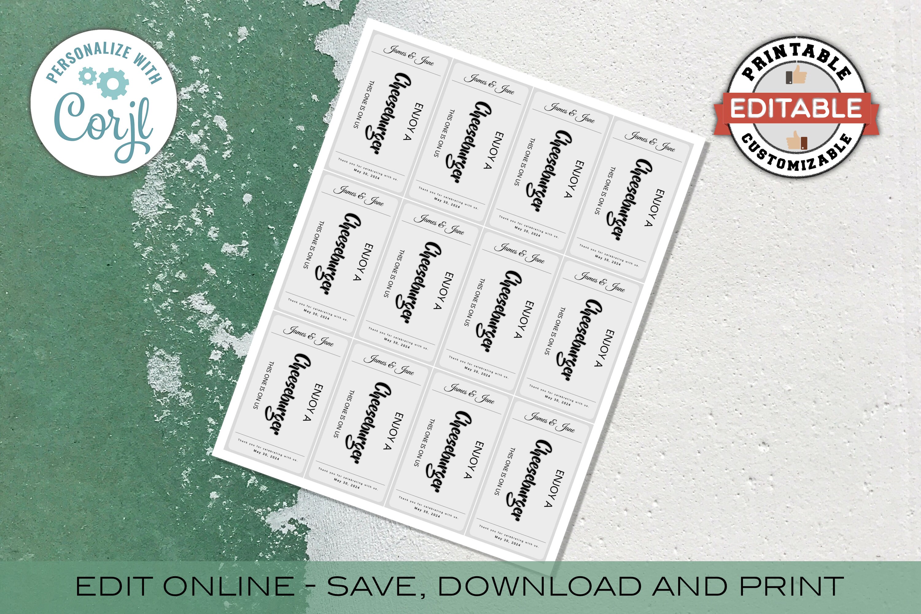 CUSTOMIZABLE CHEESEBURGER Snack Voucher, Coffee Voucher, Event Ticket ...