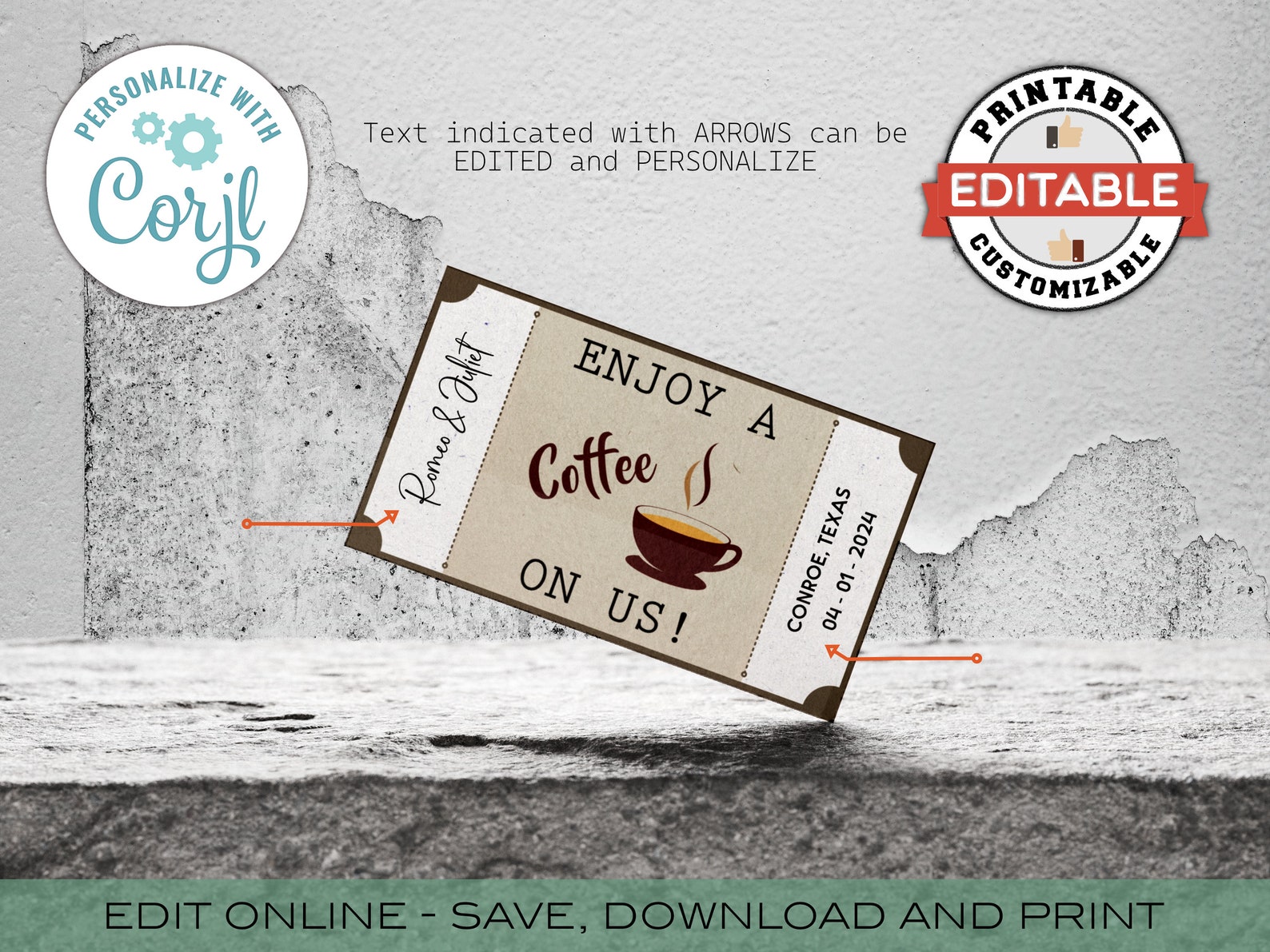 CUSTOMIZABLE COFFEE Ticket Voucher, Printable, Event Ticket, Editable ...