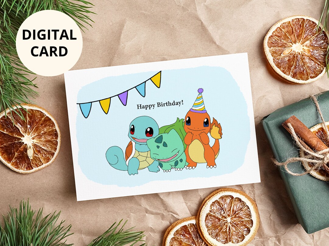 Printable Pokémon Happy Birthday Kanto Starters Birthday Greeting Card ...