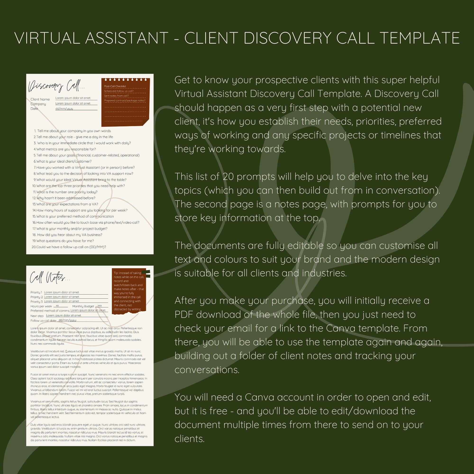 Virtual Assistant - Discovery Call Template and Notes Page - Etsy