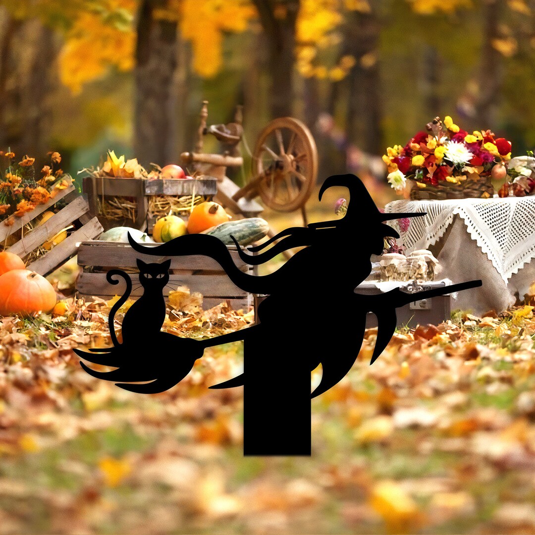 Witch & Cat on Broom Yard Sign Halloween Garden Decor - Etsy