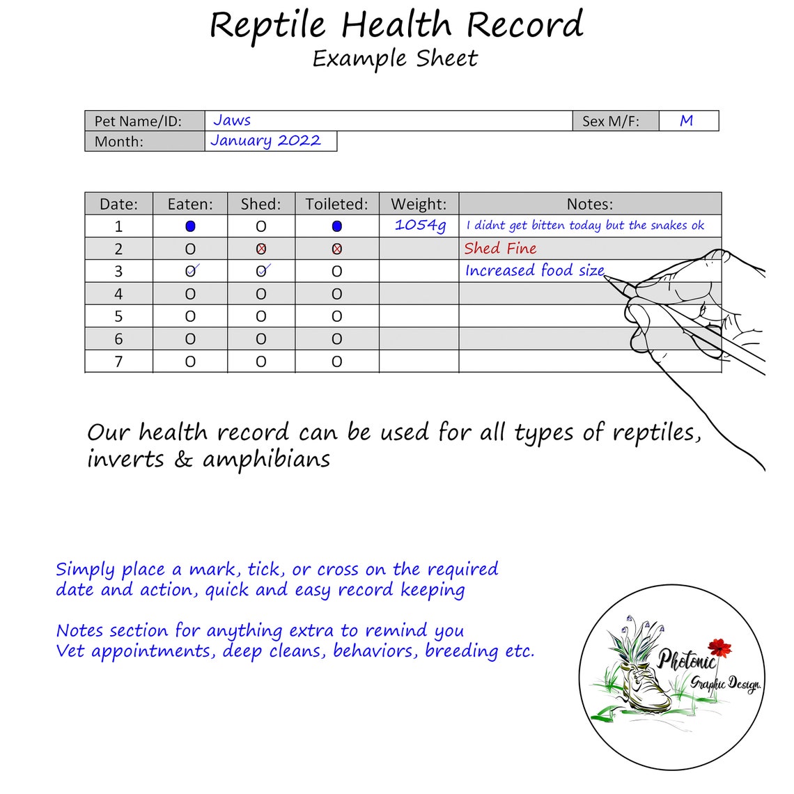 Reptile Planner Lizard Snake Feeding Record Reptile Breeders - Etsy