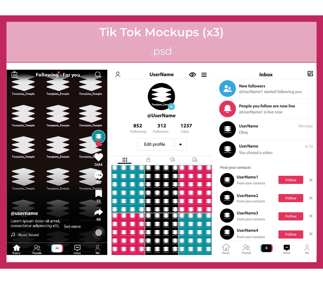 Tik Tok Editable (x3) Mockups Fully Editable (photoshop .psd).templated ...