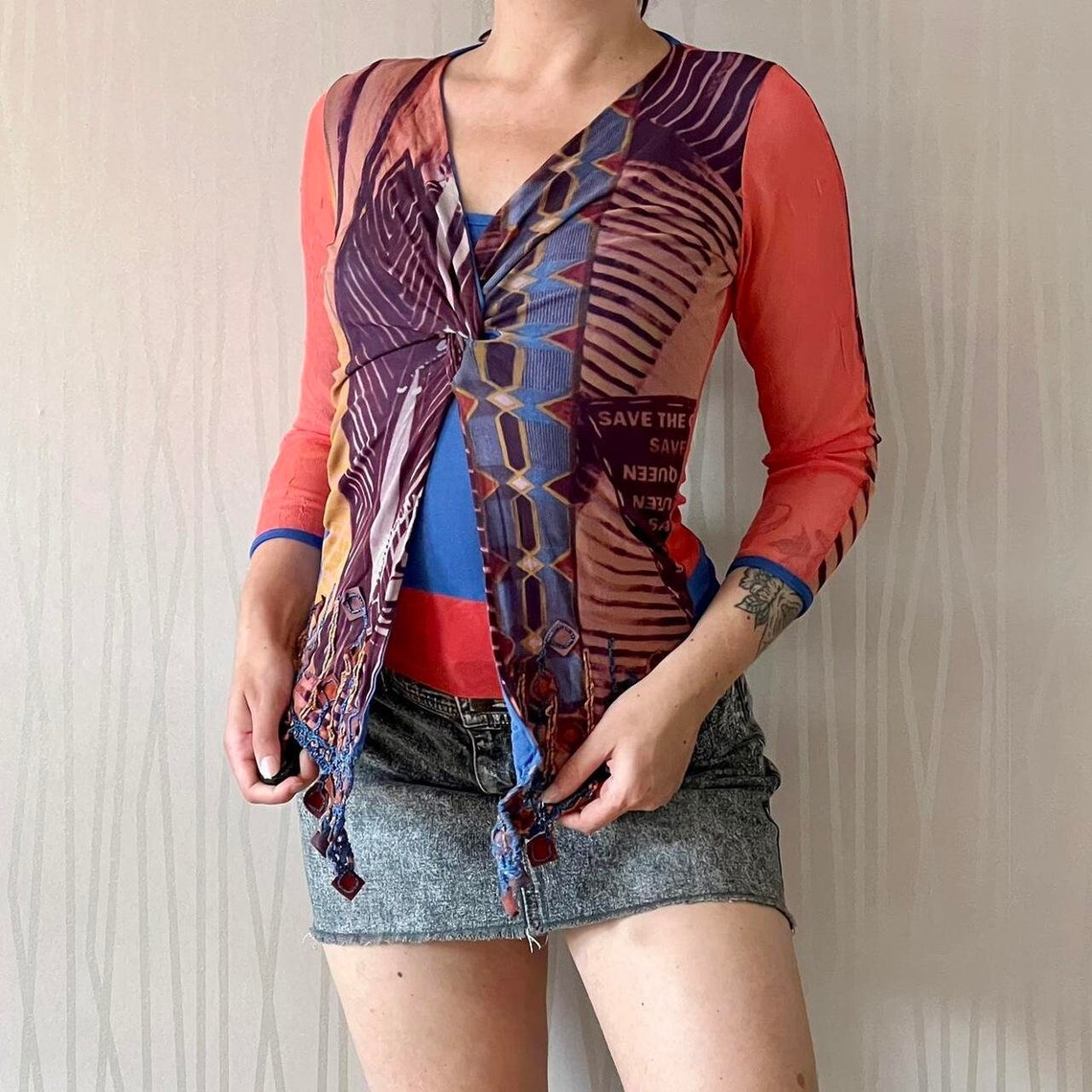 Save the Queen Top Y2K Mesh 3/4 Sleeve Faux Layered Maximalist Techwear ...