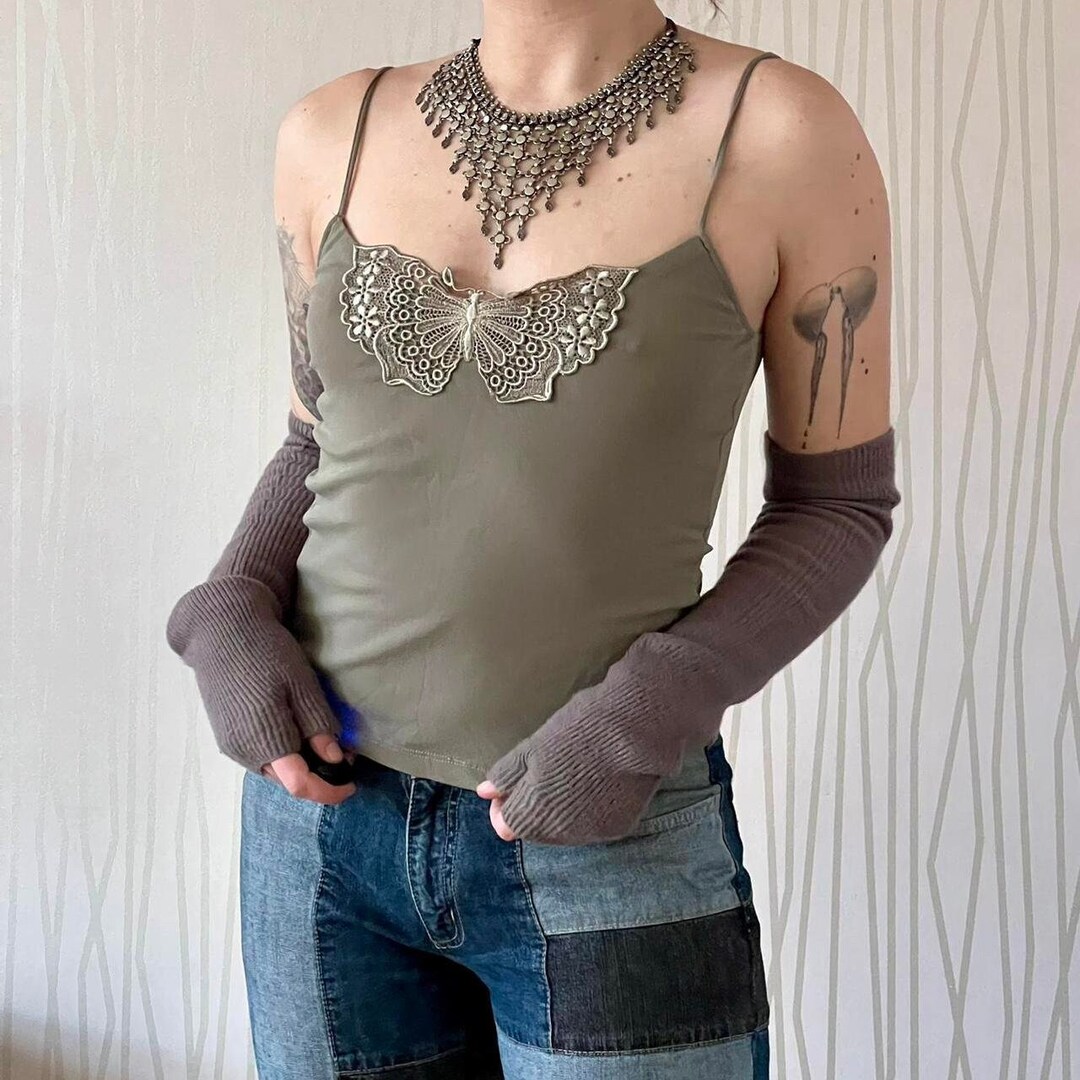 Y2K Embroidered Butterfly Tank Top Fairy Grunge Neutral Whimsigoth Cami ...