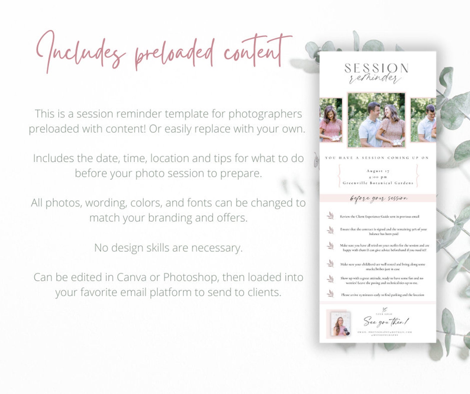 Newsletter Template, Session Reminder Email, Photography Email Template ...