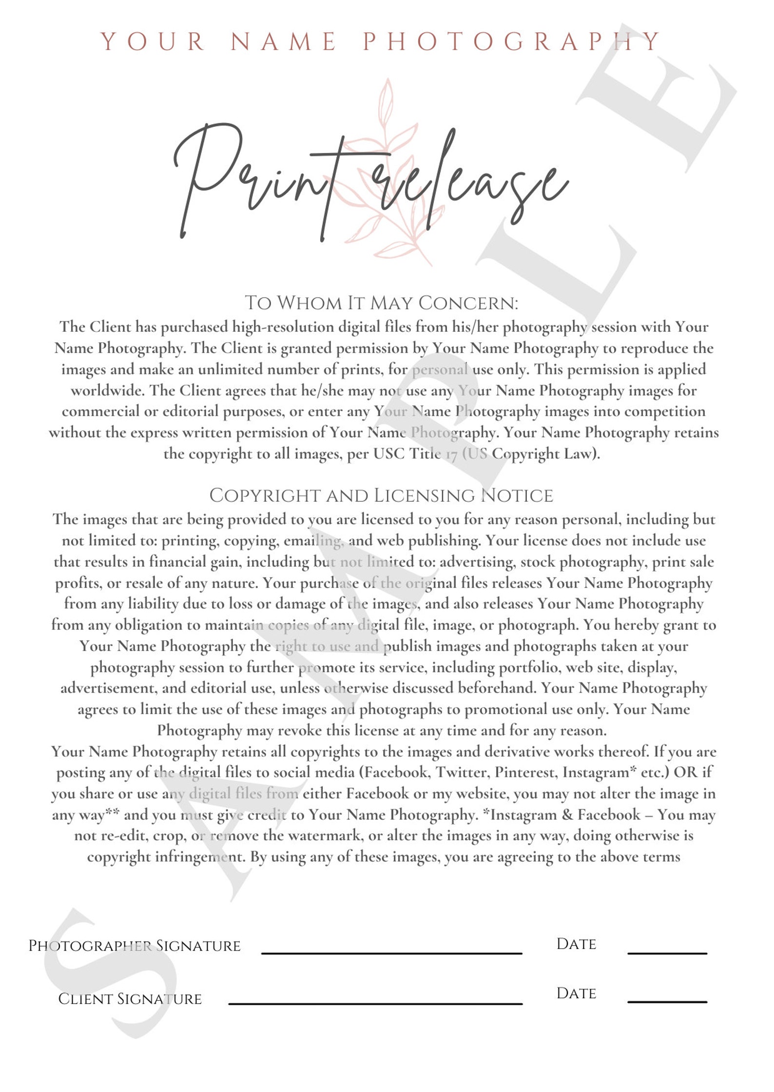 Photo Print Release Form, Photography Contract, Photographer Template ...