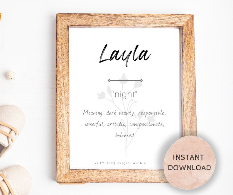 Layla Name Meaning, Nursery Sign, Printable Baby Name Sign, Instant ...