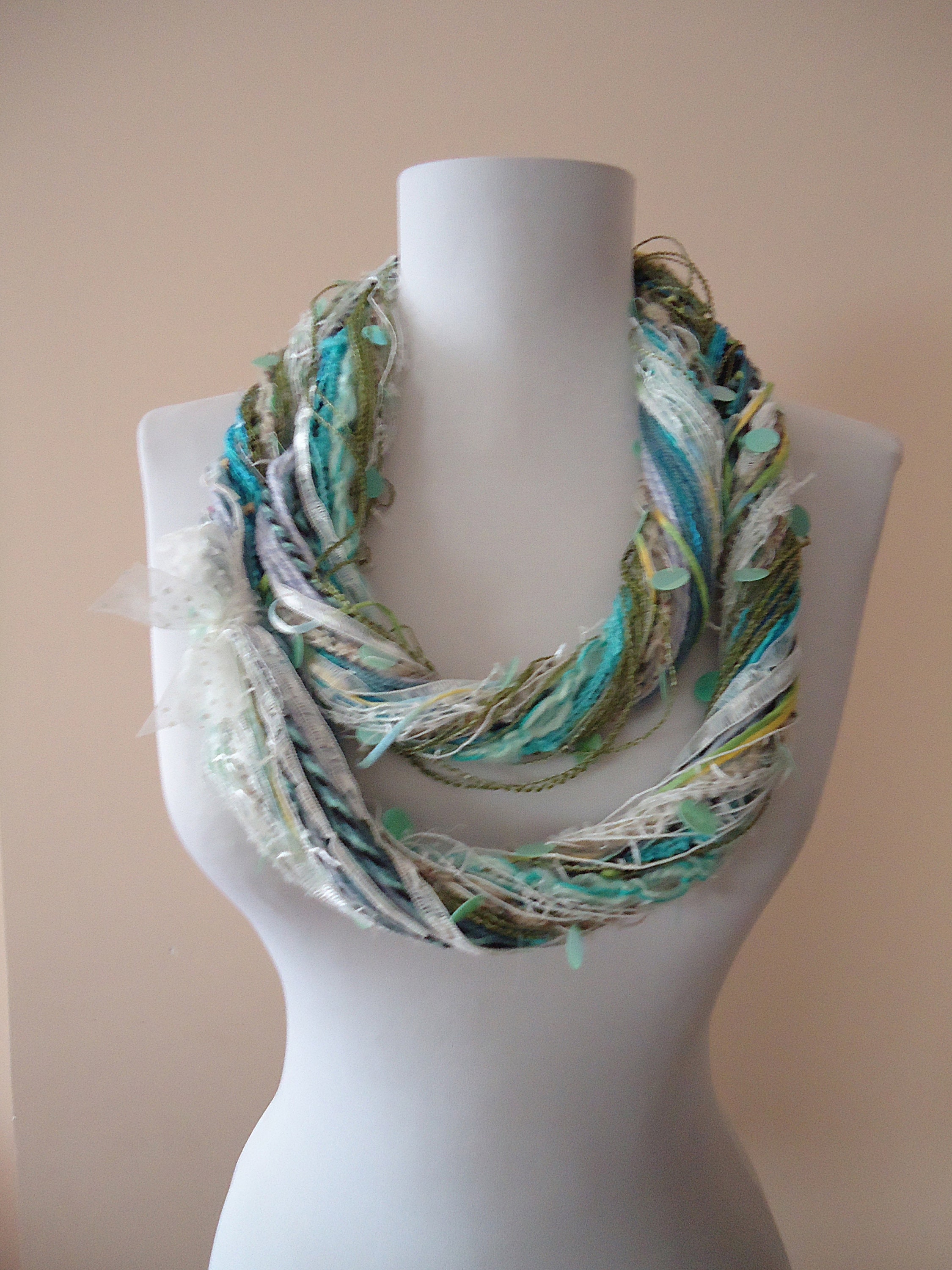 Art Yarn Infinity Scarf Turquoise and Black Loop Scarf All Fringe Scarf ...
