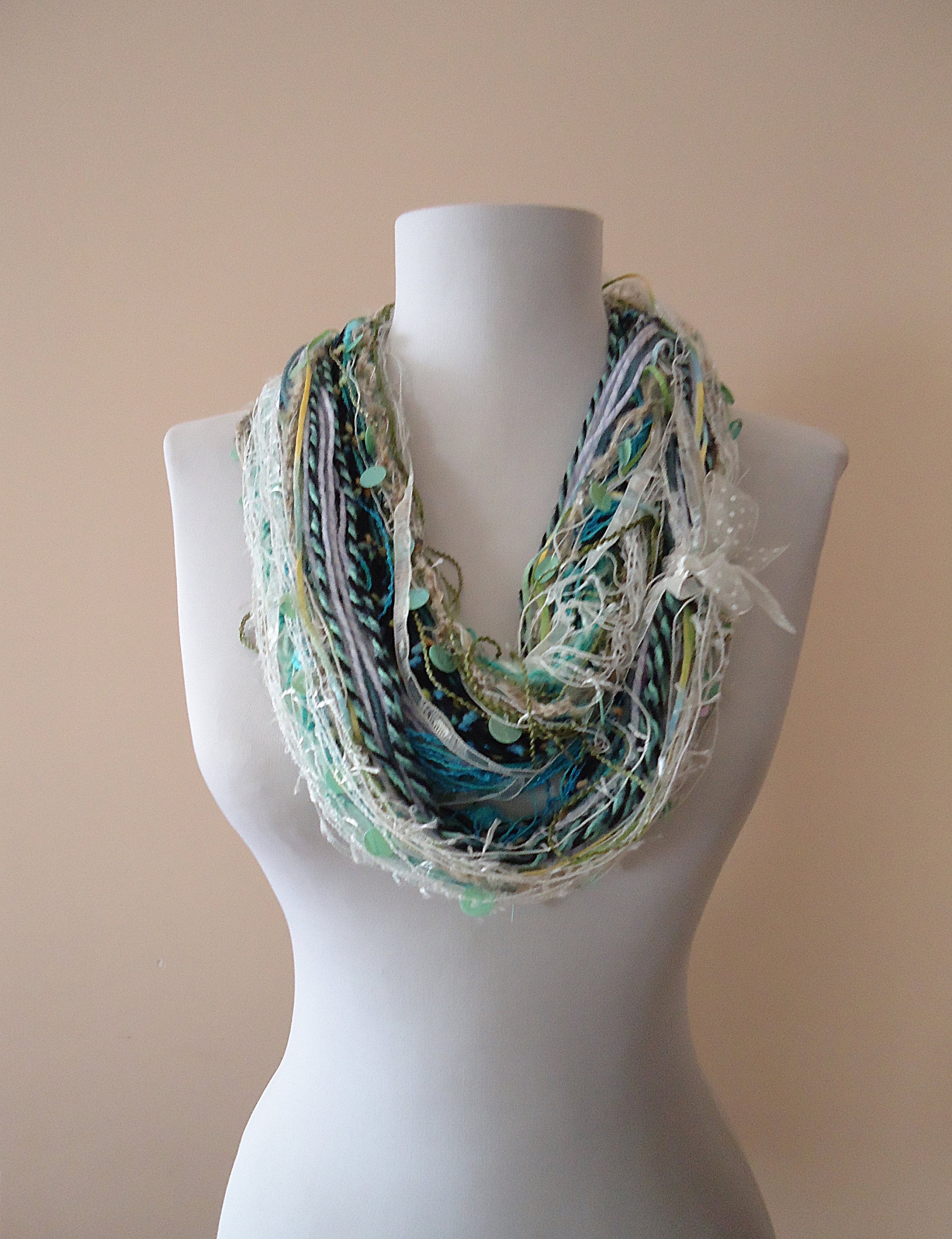 Art Yarn Infinity Scarf Turquoise and Black Loop Scarf All Fringe Scarf ...