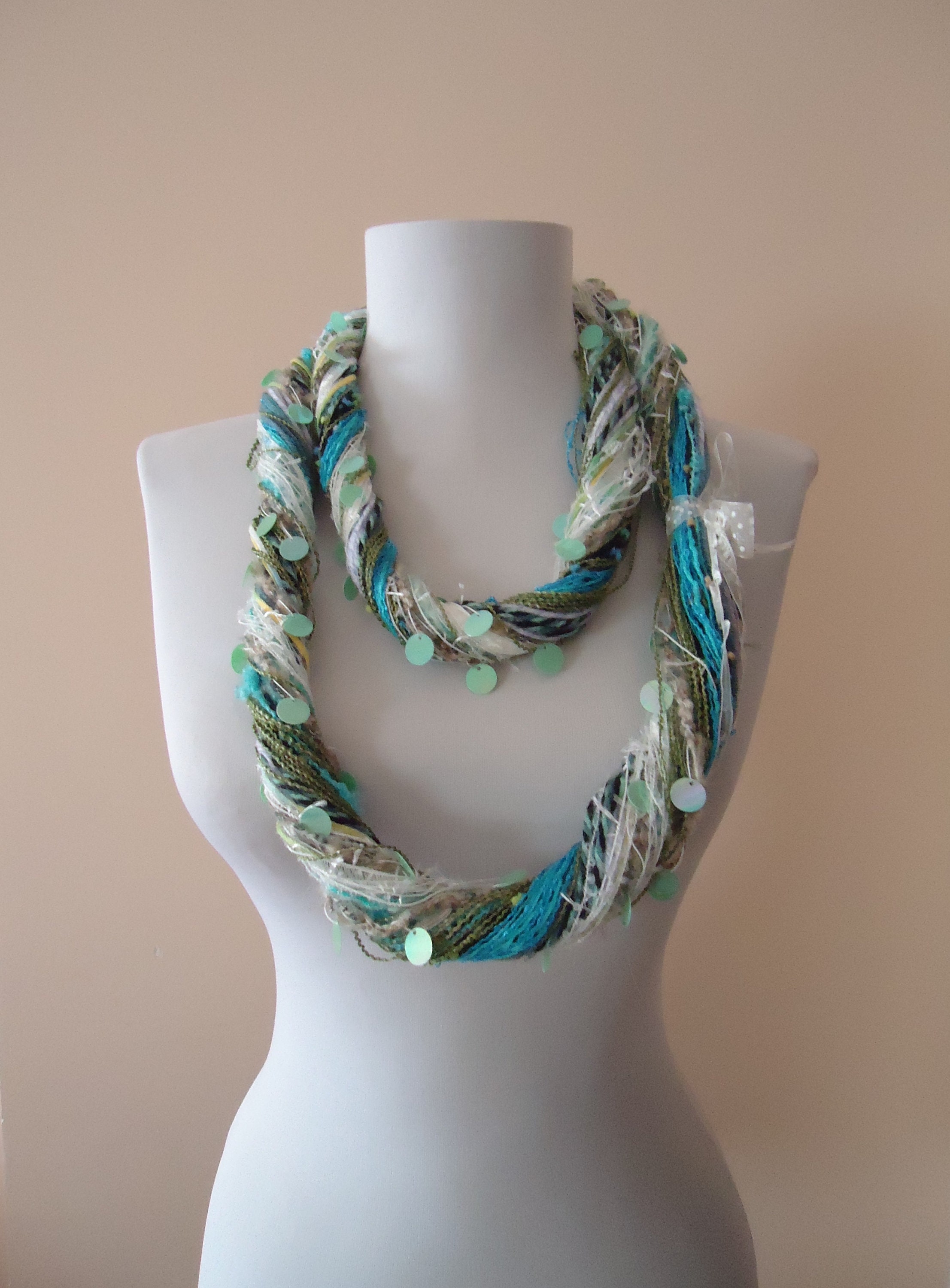 Art Yarn Infinity Scarf Turquoise and Black Loop Scarf All Fringe Scarf ...