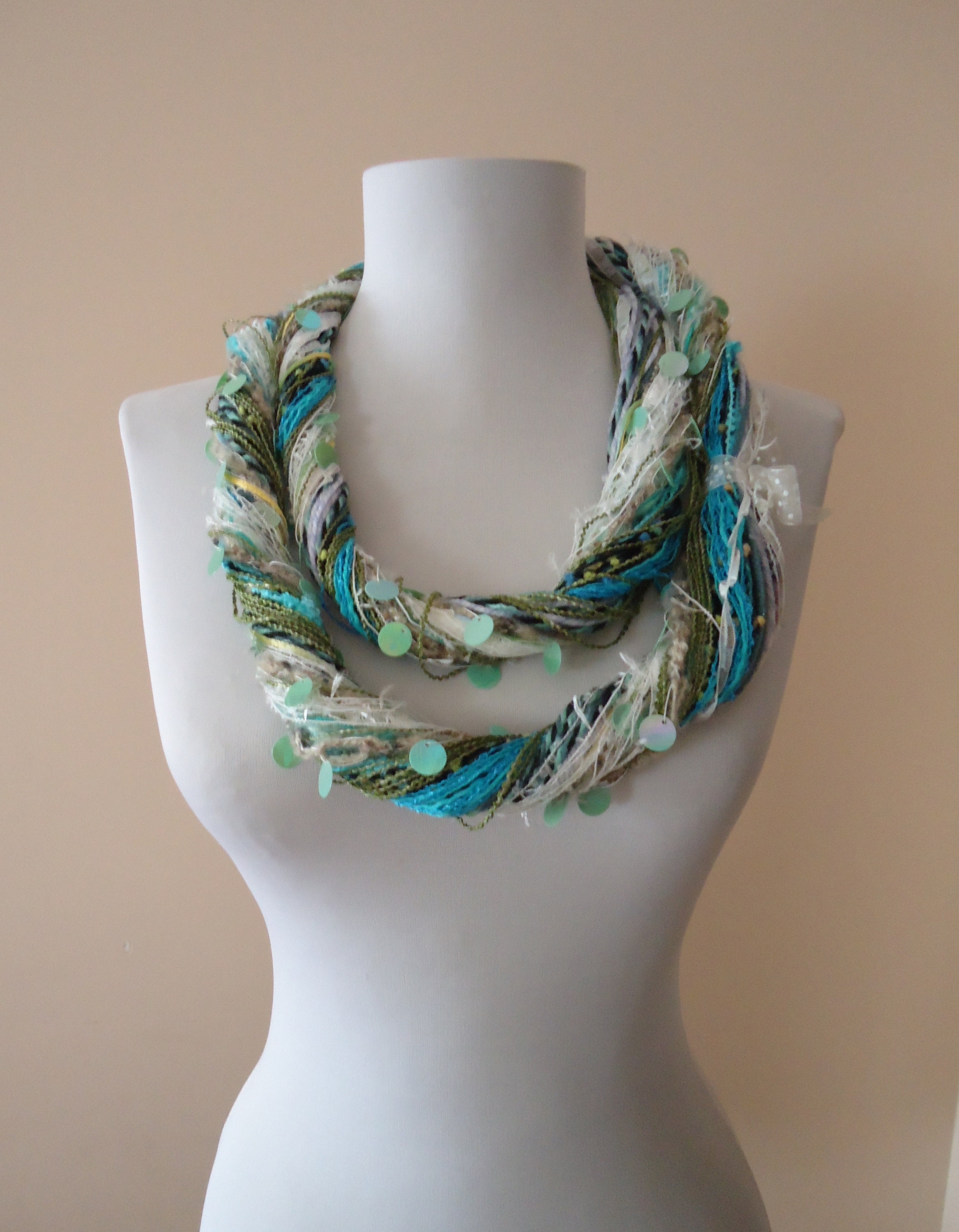 Art Yarn Infinity Scarf Turquoise and Black Loop Scarf All Fringe Scarf ...