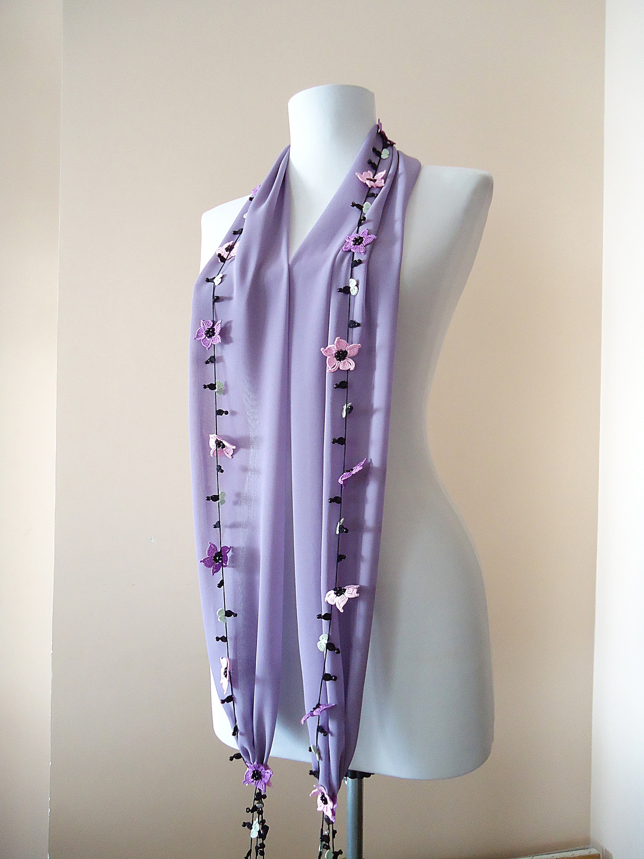 Lilac Chiffon Scarf With Crochet Flowers - Etsy Australia