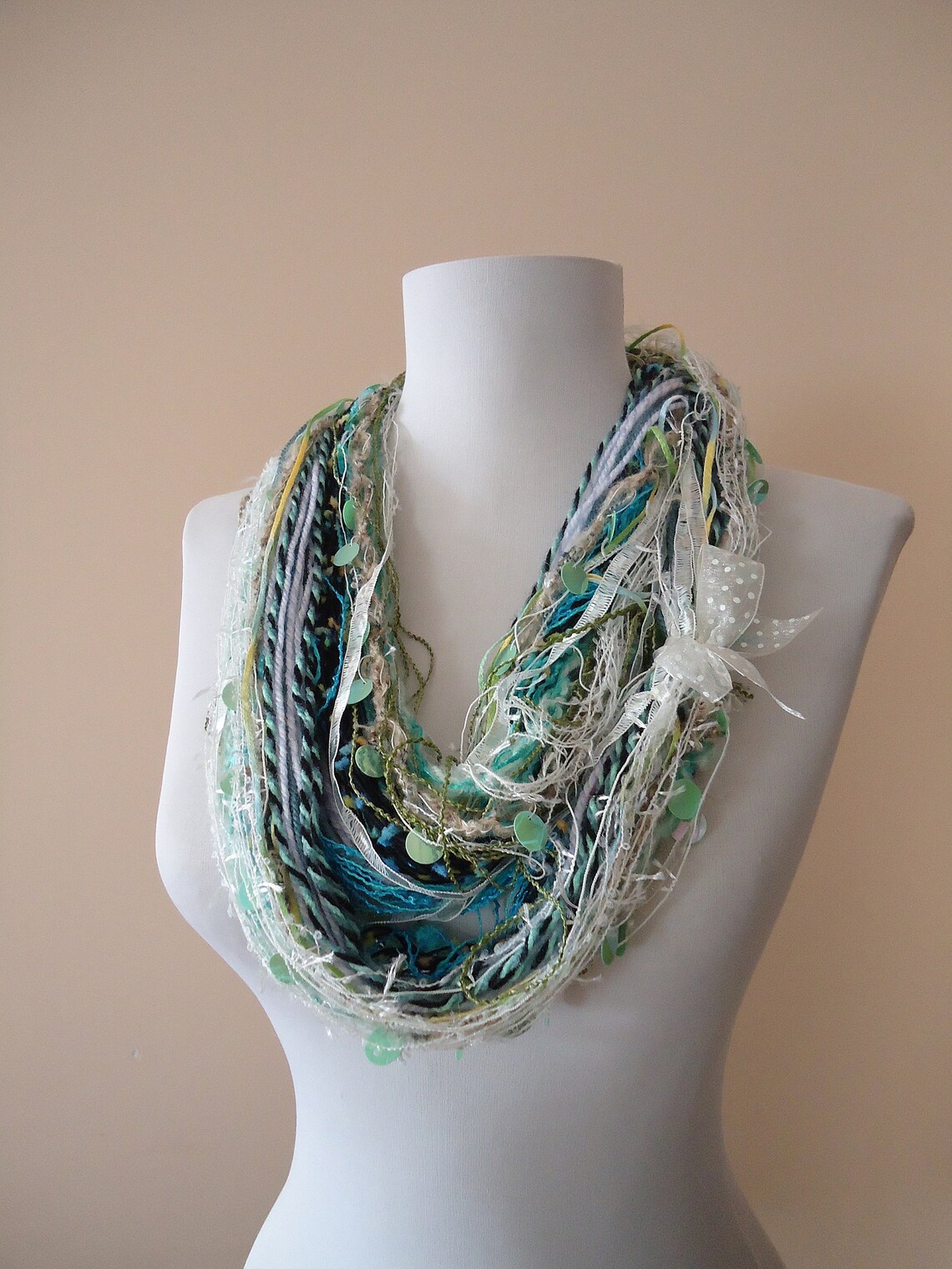 Art Yarn Infinity Scarf Turquoise and Black Loop Scarf All Fringe Scarf ...