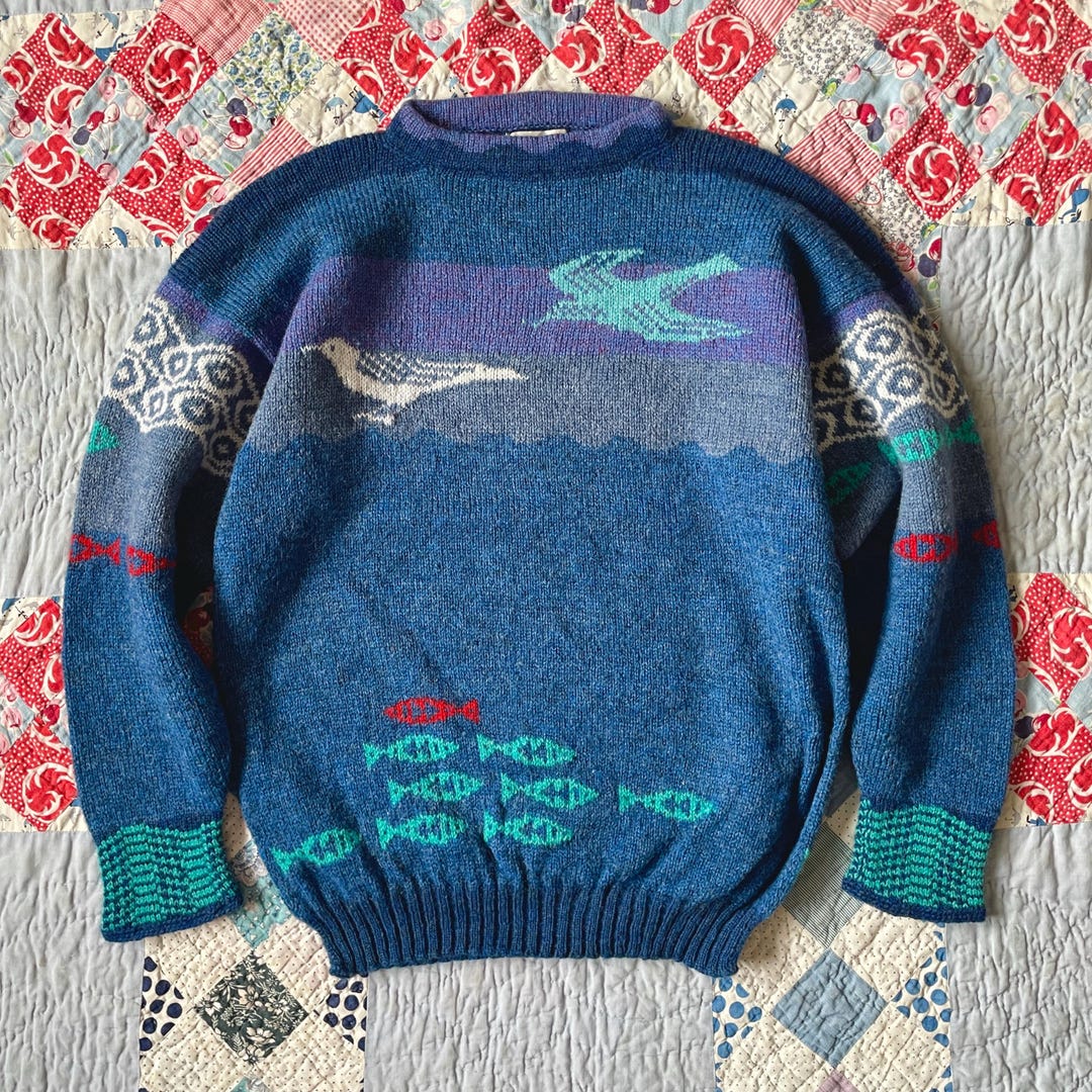 Vintage Wool Fisherman Sweater With Seagull Birds and Fish Hand Made in ...