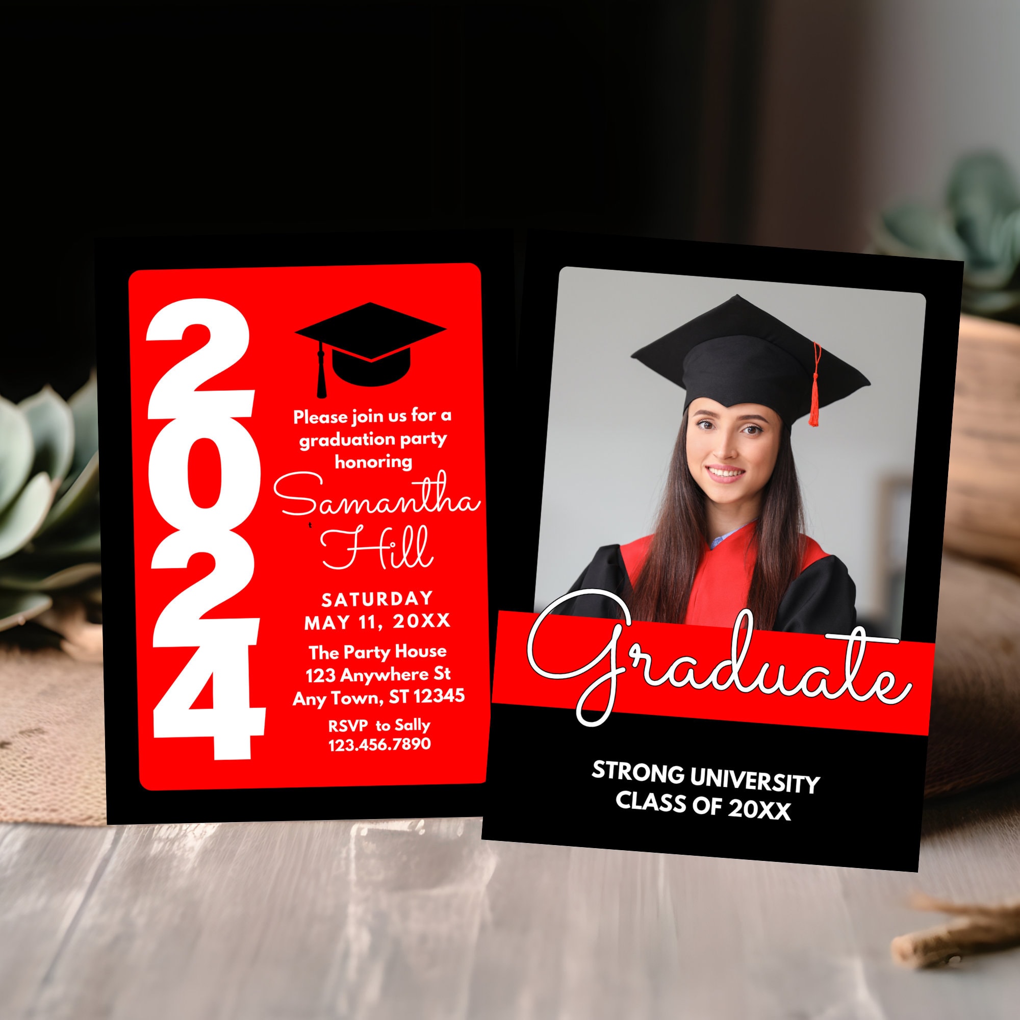 Red Graduation Invitation Canva Template, 2024 Modern Grad Announcement ...