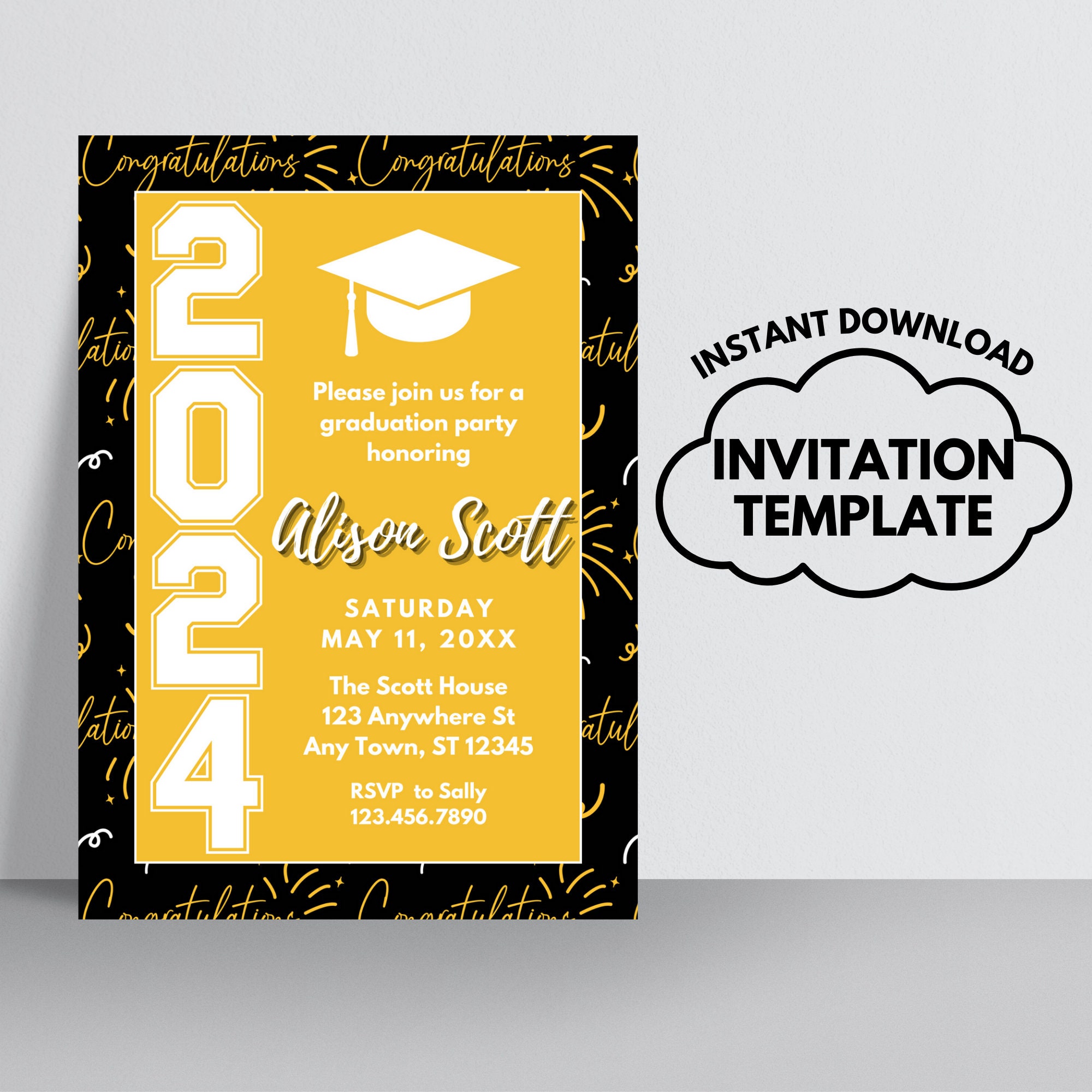Yellow Invitation Canva Template for Grad Party, 2024 Modern Grad ...