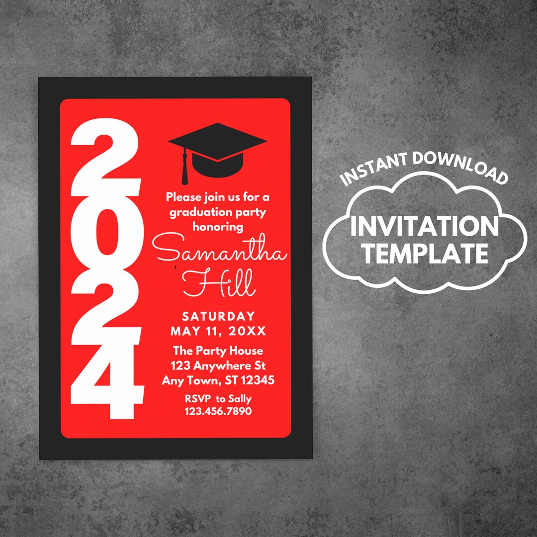 Red Graduation Invitation Canva Template, 2024 Modern Grad Announcement ...