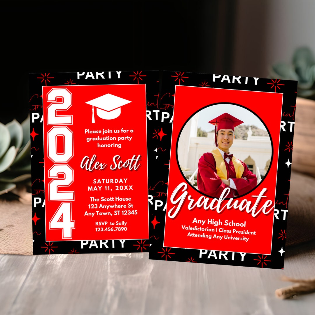 2024 Red Graduation Invitation Canva Template for Grad Party, Modern ...