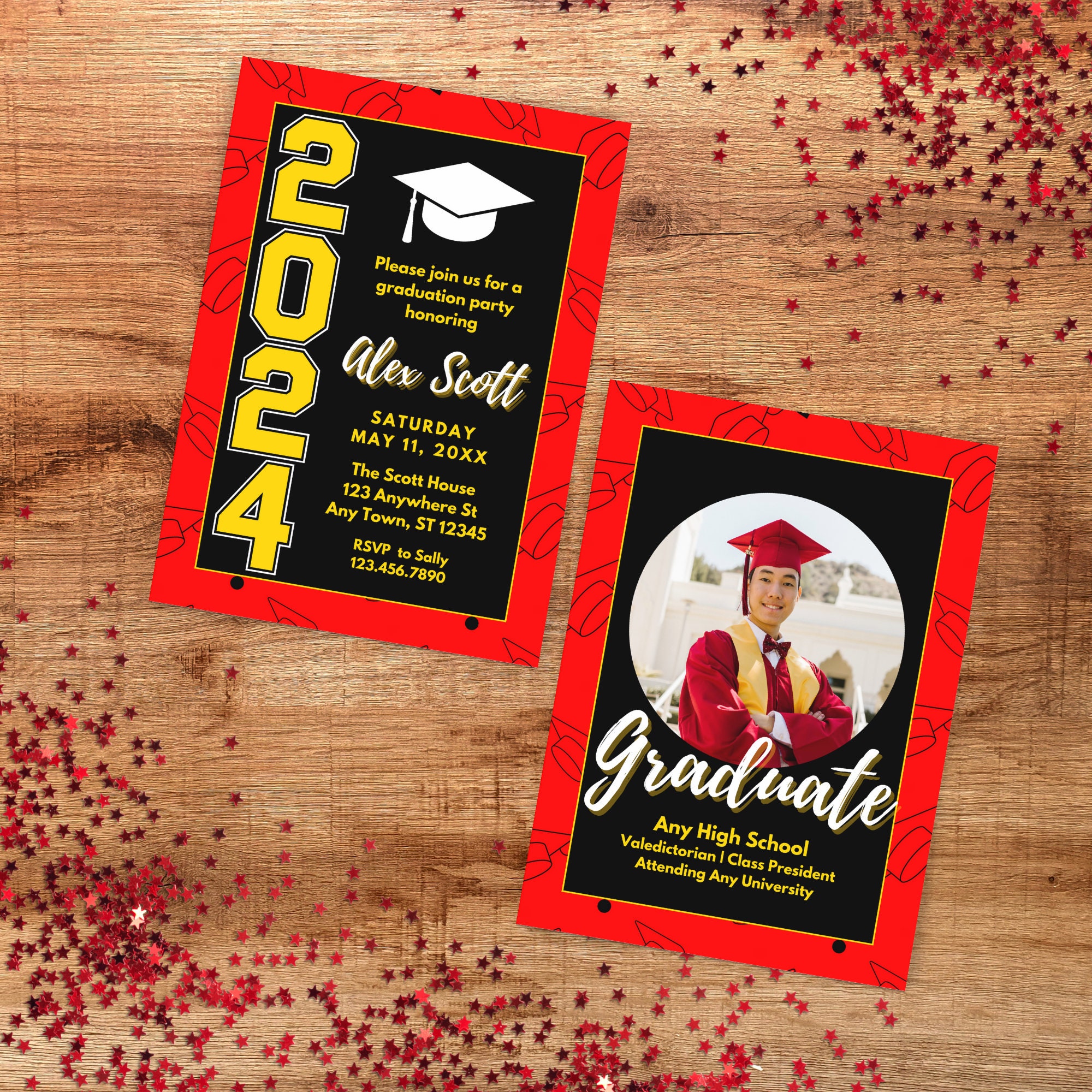 2024 Red Graduation Invitation Canva Template for Grad Party, Grad Cap ...