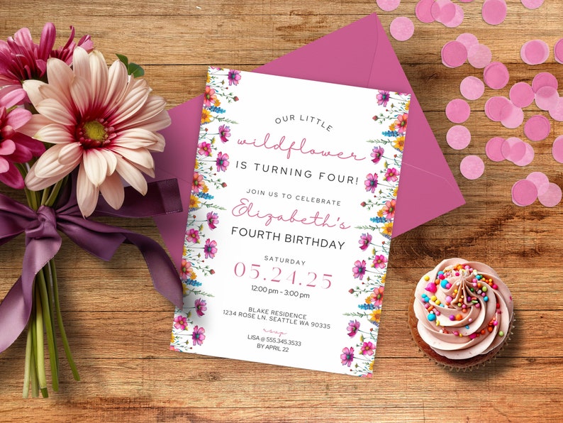 Wildflower Fourth Birthday Invitation Template, Editable Canva Template ...