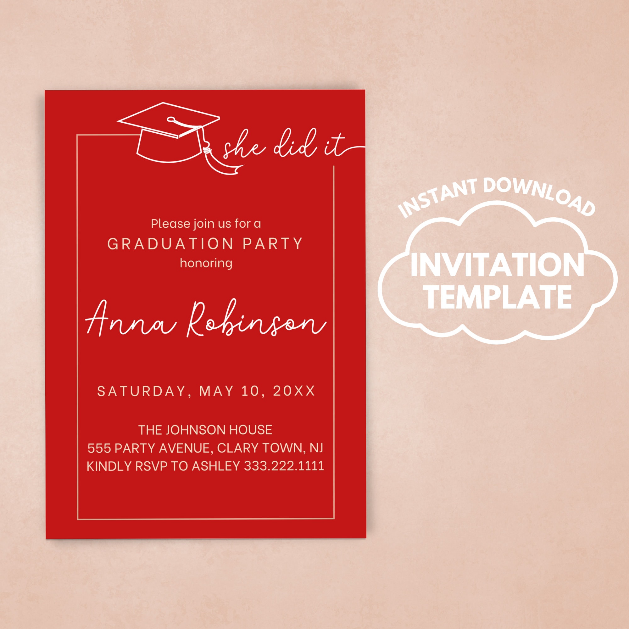 Red Graduation Invitation Canva Template, She Did It Grad Announcement ...