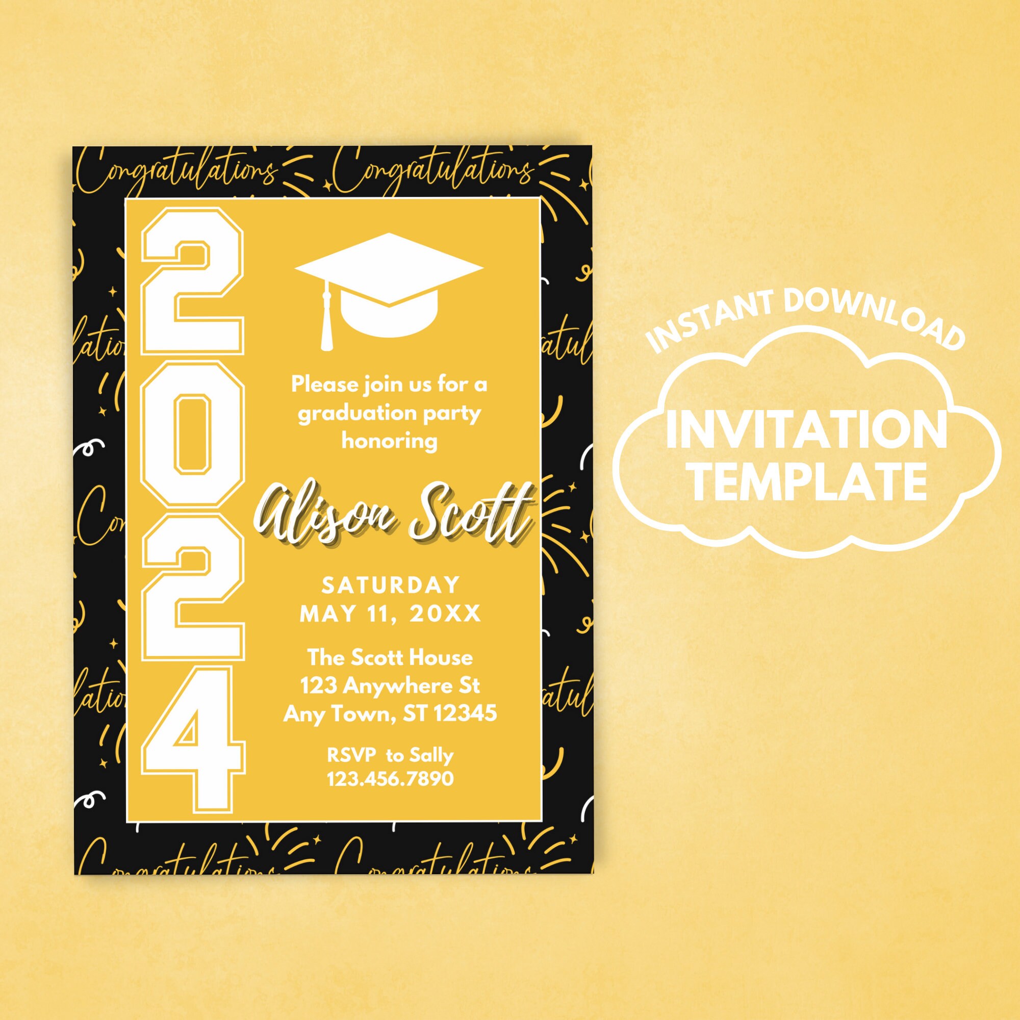 Yellow Invitation Canva Template for Grad Party, 2024 Modern Grad ...