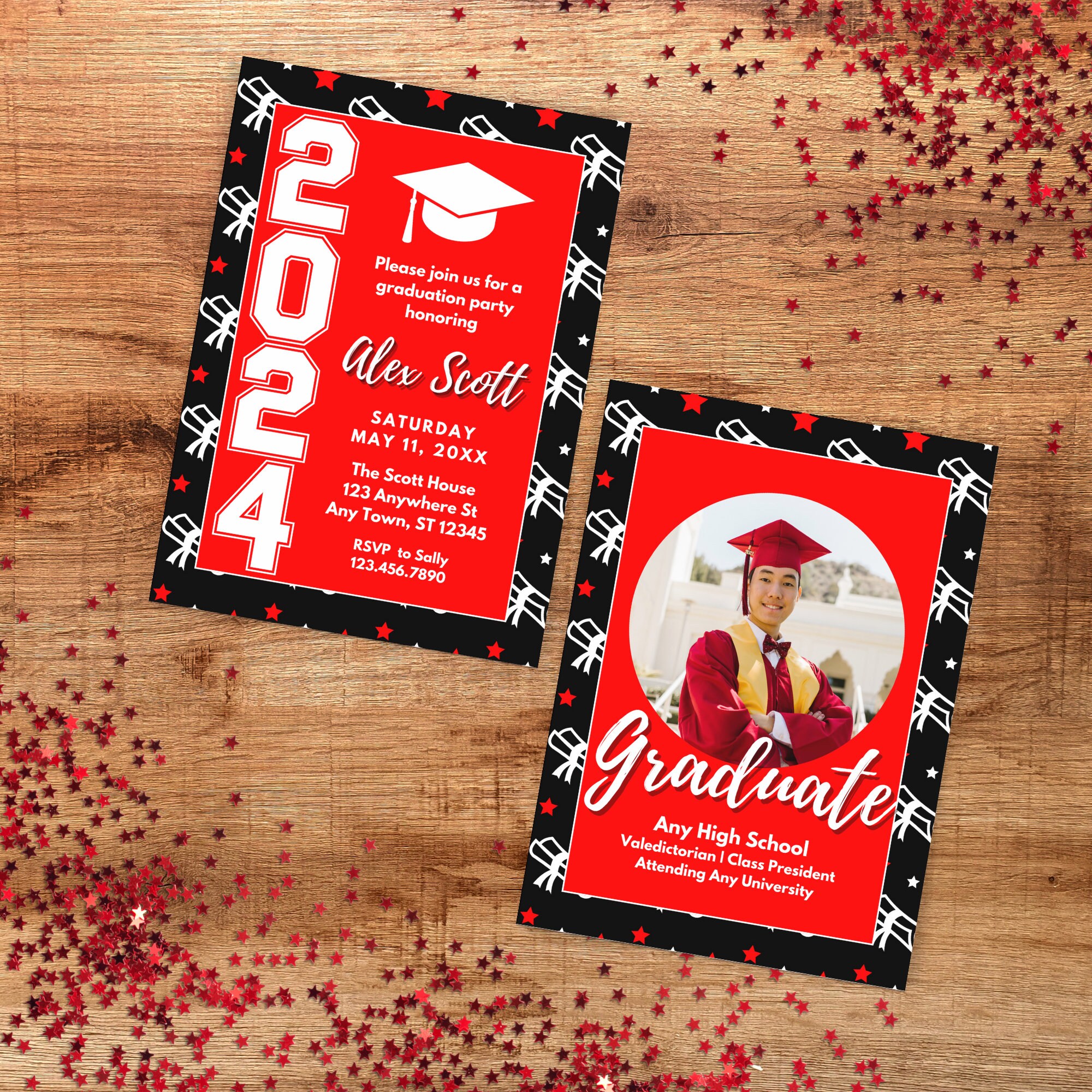 2024 Red Graduation Invitation Canva Template for Grad Party, Modern ...
