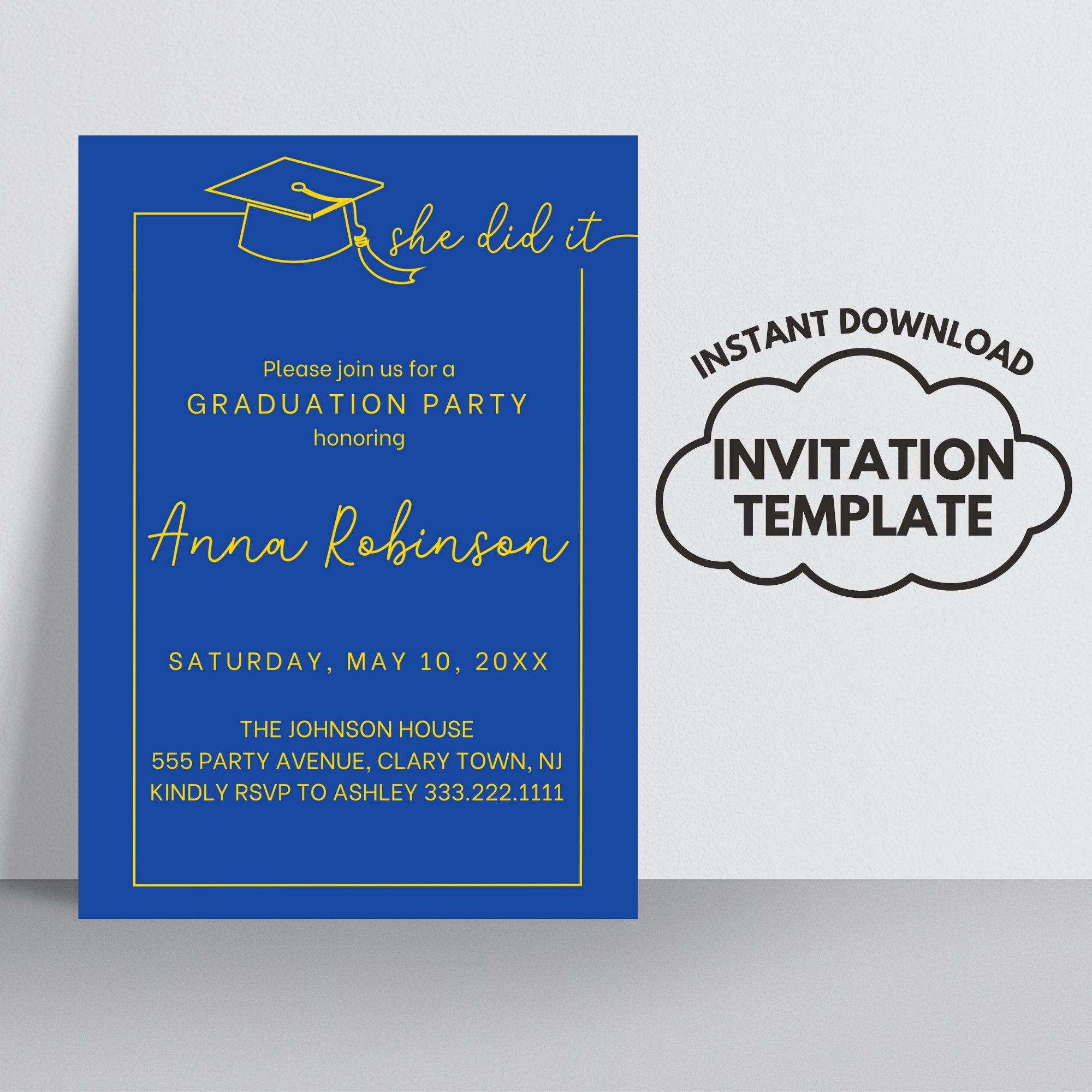Blue and Yellow Graduation Invitation Canva Template - Etsy