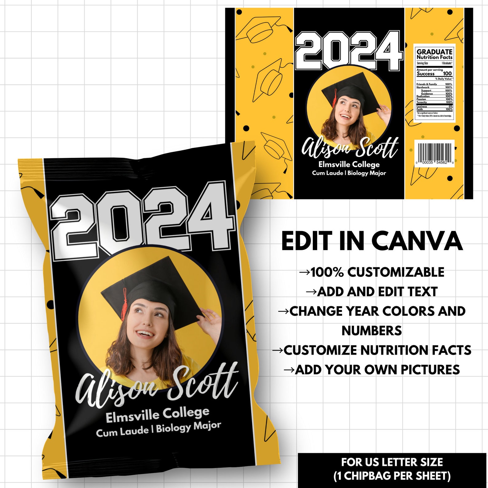 Yellow Chip Bag Canva Template for Graduation, 2024 Graduate Custom ...
