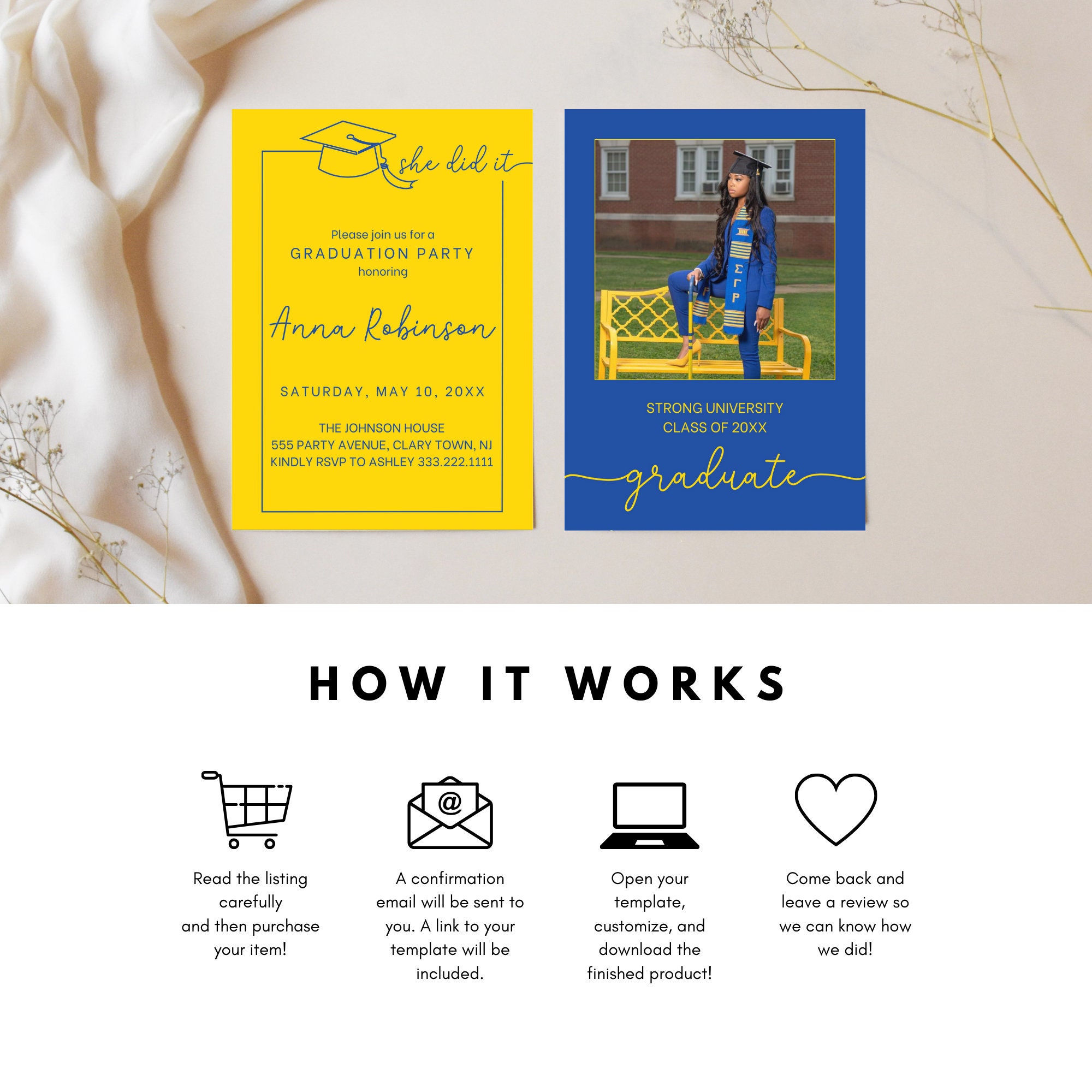 Blue and Yellow Graduation Invitation Canva Template, She Did It Grad ...