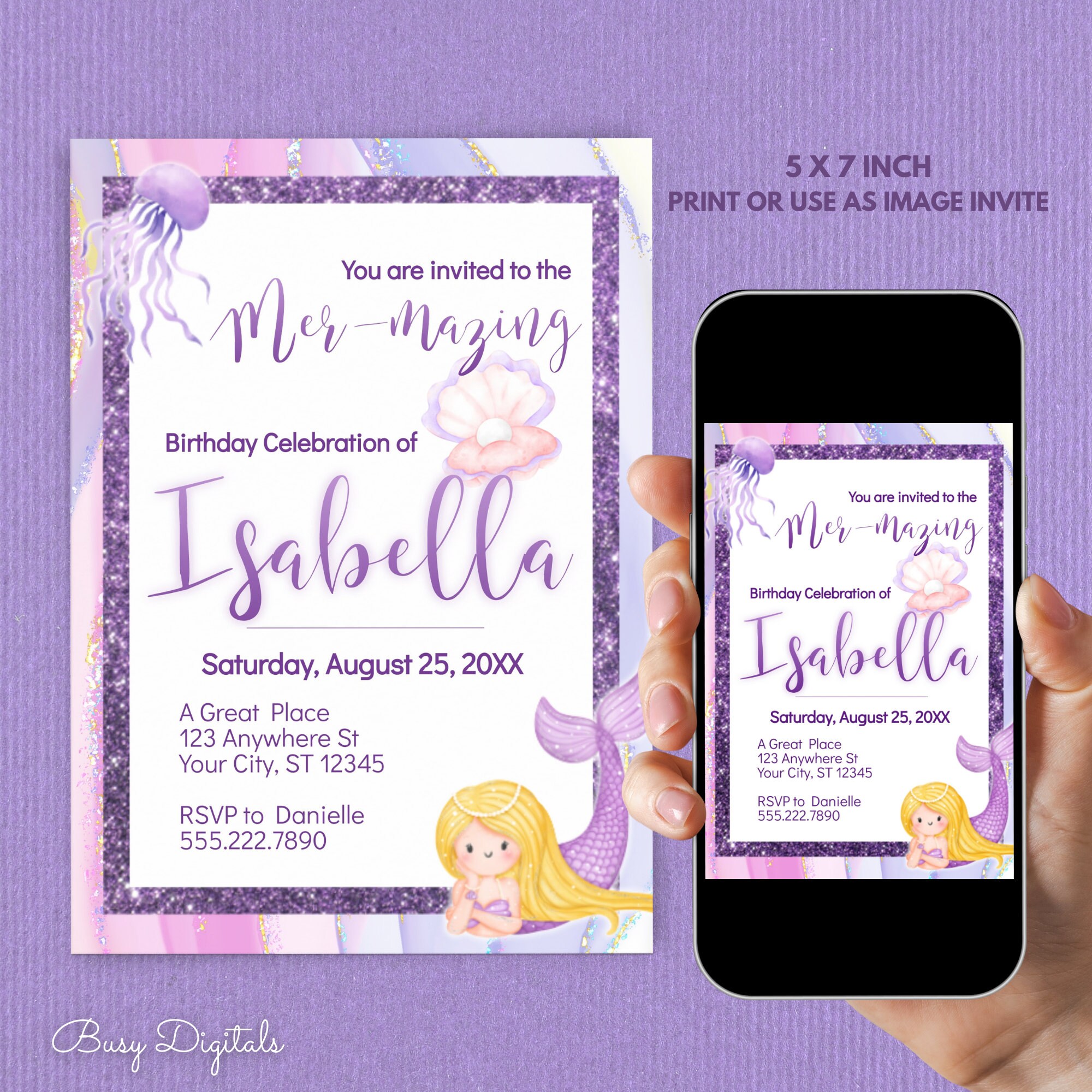 Editable Mermaid Invitation Template Purple Mermaid Invite - Etsy