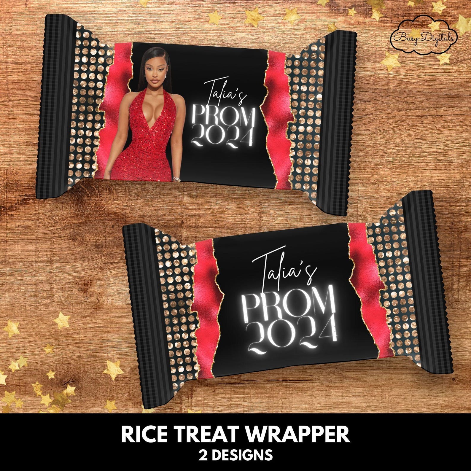 Prom Rice Treat Wrapper, 2025 Party Favor Canva Template, Red and Gold ...