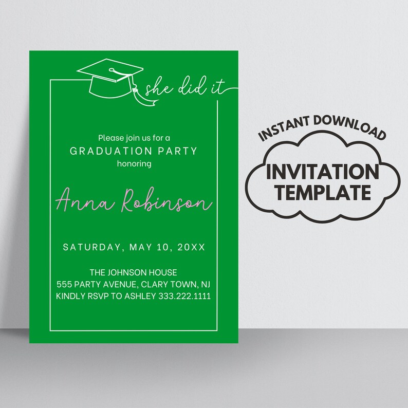 Pink & Green Graduation Invitation Canva Template, She Did It ...