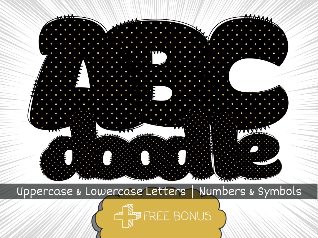 Black and Gold Polka Dot Doodle Letter PNG Set, Bonus Canva Frame ...