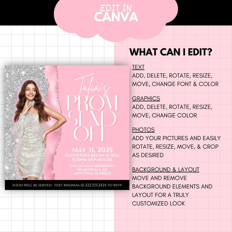 Pink Prom Send off Flyer, Canva Template for Prom Celebration, Glam IG ...