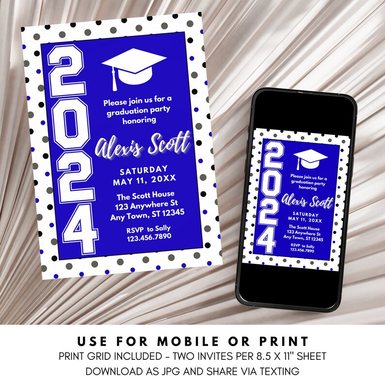 2024 Blue Polka Dot Graduation Invitation Canva Template, Modern Grad ...