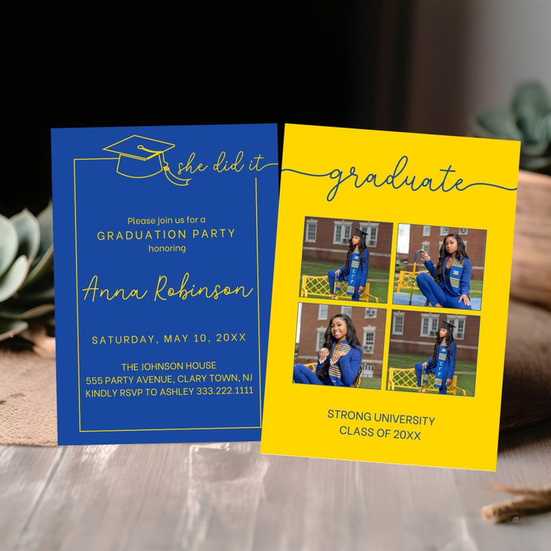 Blue and Yellow Graduation Invitation Canva Template - Etsy