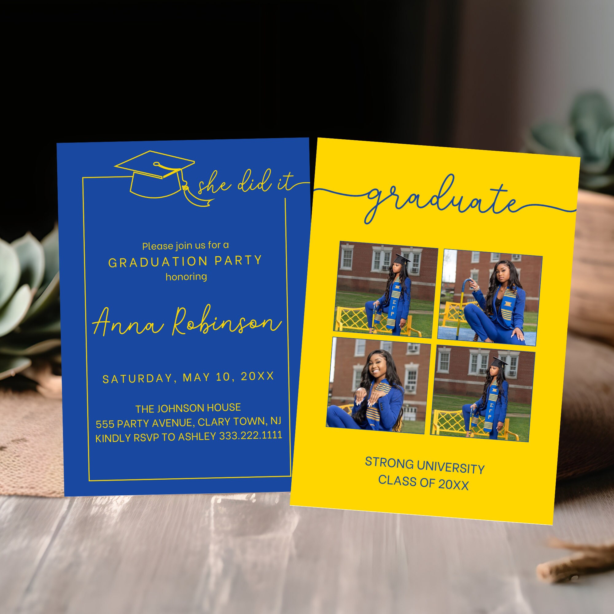 Blue and Yellow Graduation Invitation Canva Template - Etsy