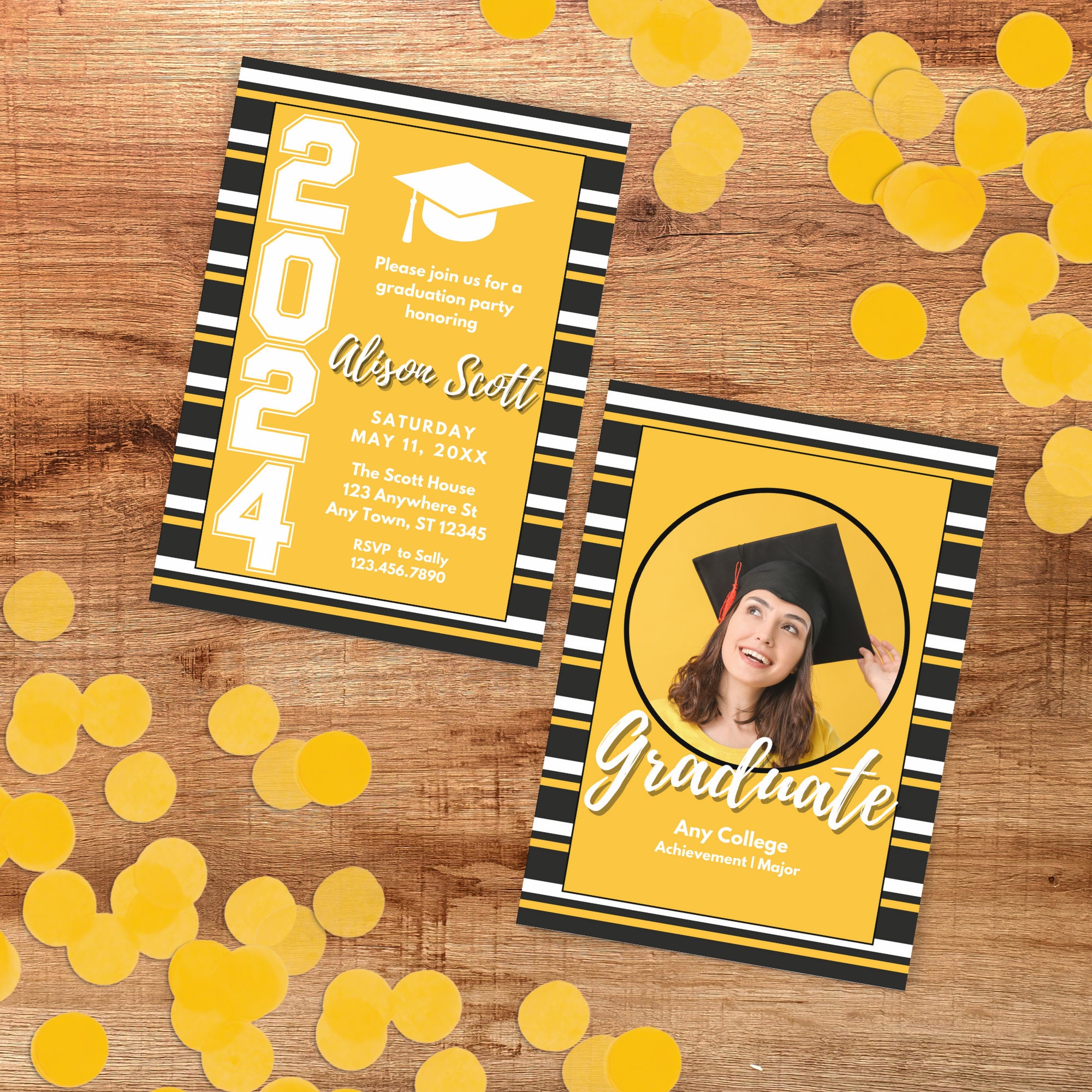 Yellow Stripe Invitation Canva Template for Grad Party, 2024 Modern ...