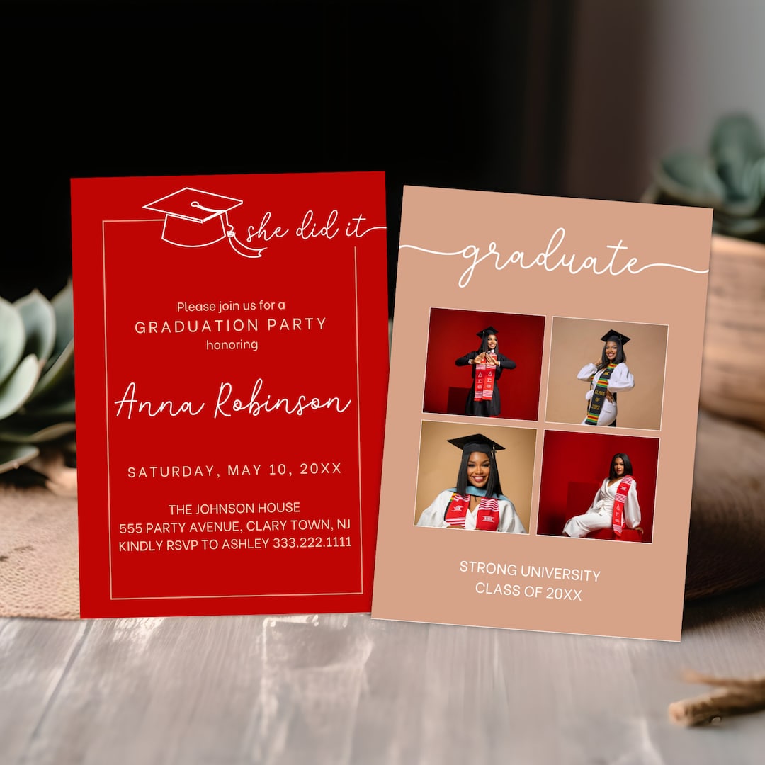 Red Graduation Invitation Canva Template, She Did It Grad Announcement ...