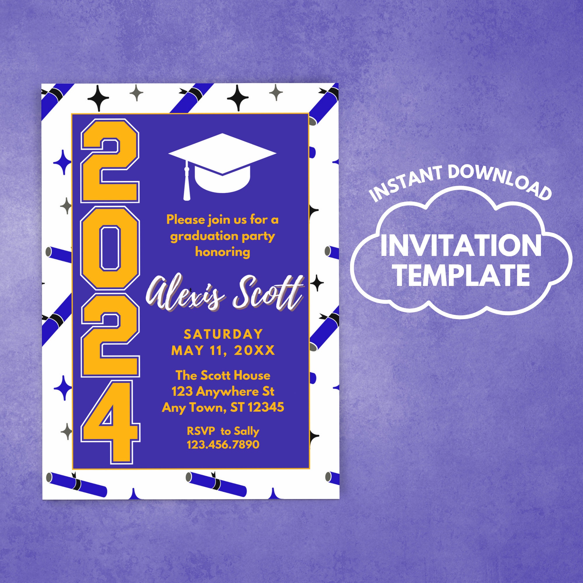 Modern Graduation Invitation Canva Template, Blue and Yellow Grad ...