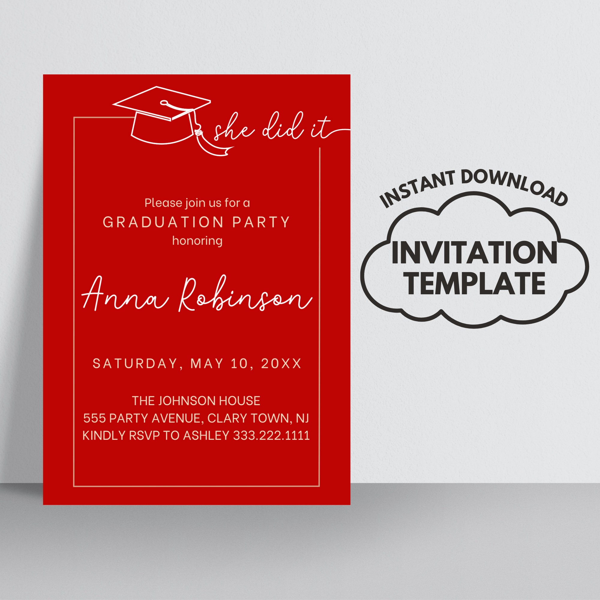 Red Graduation Invitation Canva Template, She Did It Grad Announcement ...