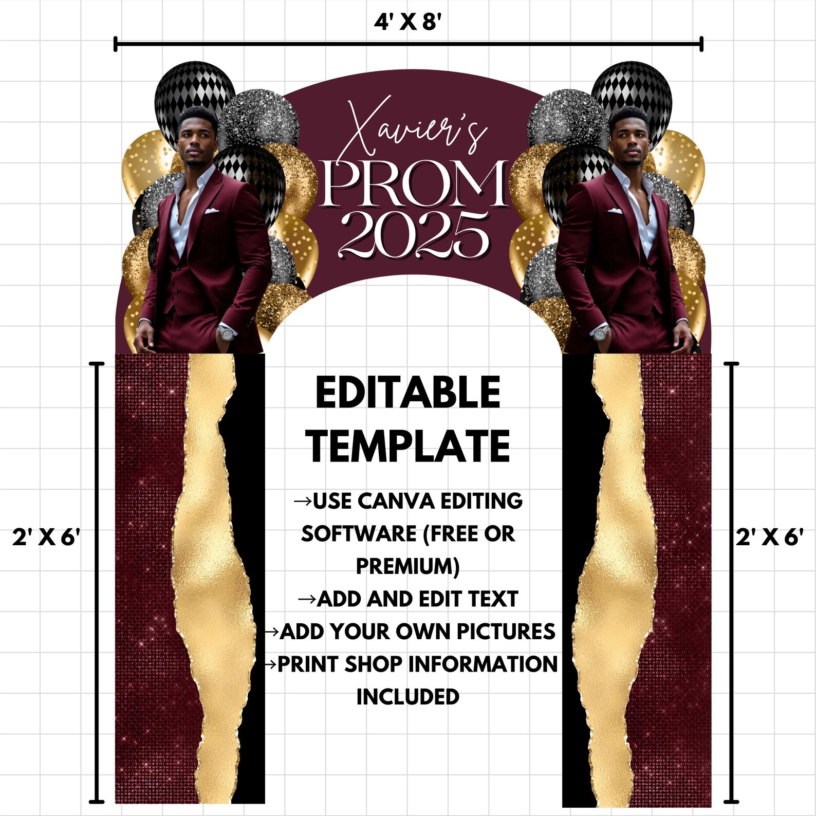 Prom Send off Arch Template, Glam Maroon Gold Prom Entryway Decor, Prom ...