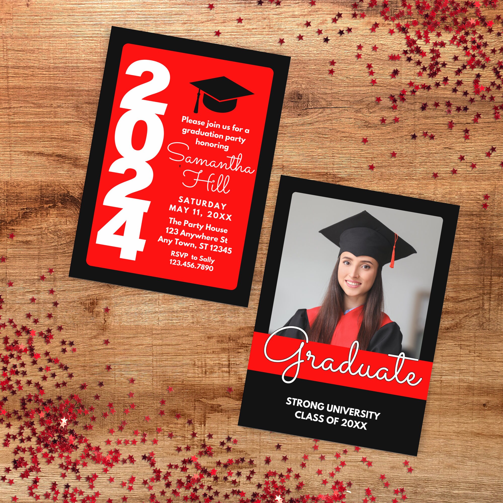 Red Graduation Invitation Canva Template, 2024 Modern Grad Announcement ...