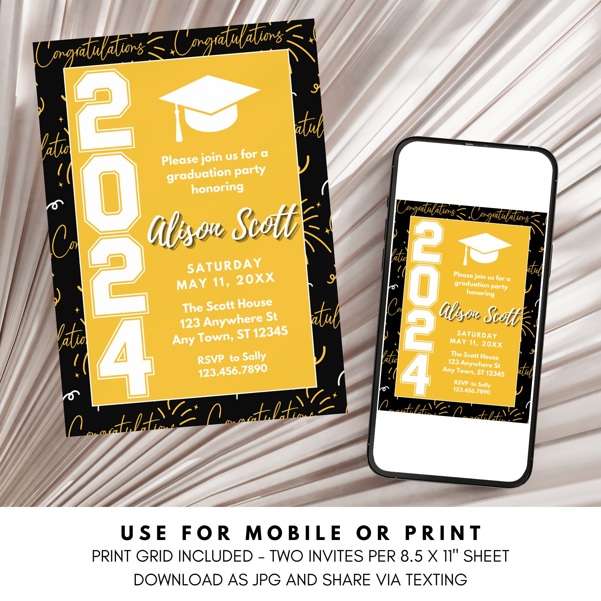 Yellow Invitation Canva Template for Grad Party, 2024 Modern Grad ...
