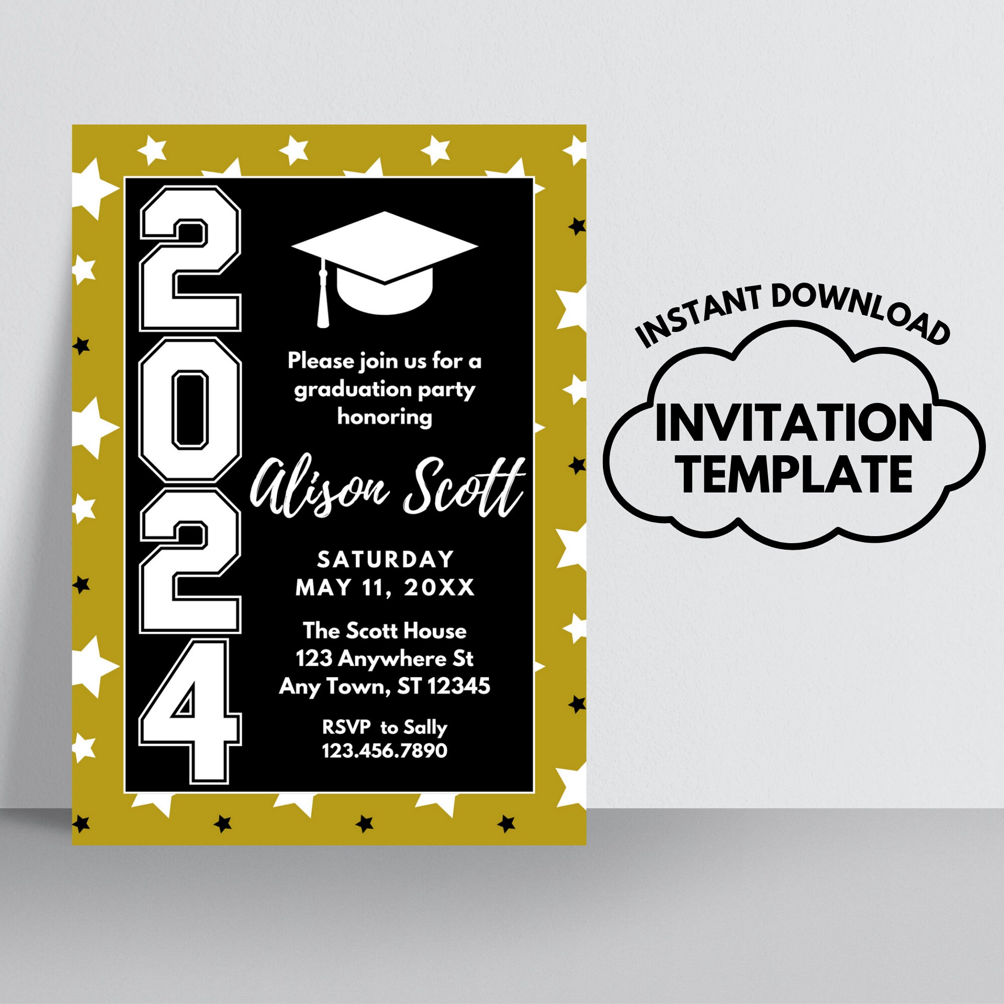 Yellow Invitation Canva Template for Grad Party, 2024 Modern Grad ...