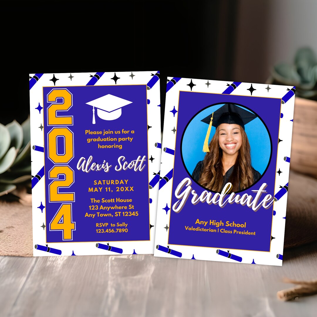 2024 Blue Yellow Graduation Invitation Canva Template, Modern Grad ...